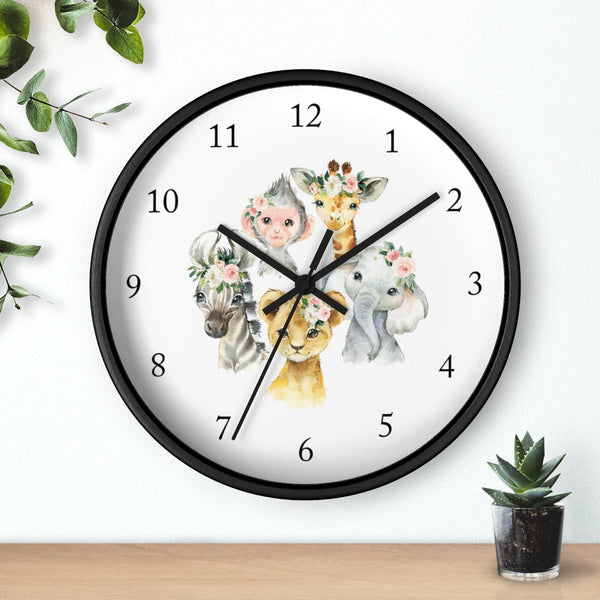 Safari Animals Floral Wall Clock, Blush Pink Watercolor Flowers Nurser ...