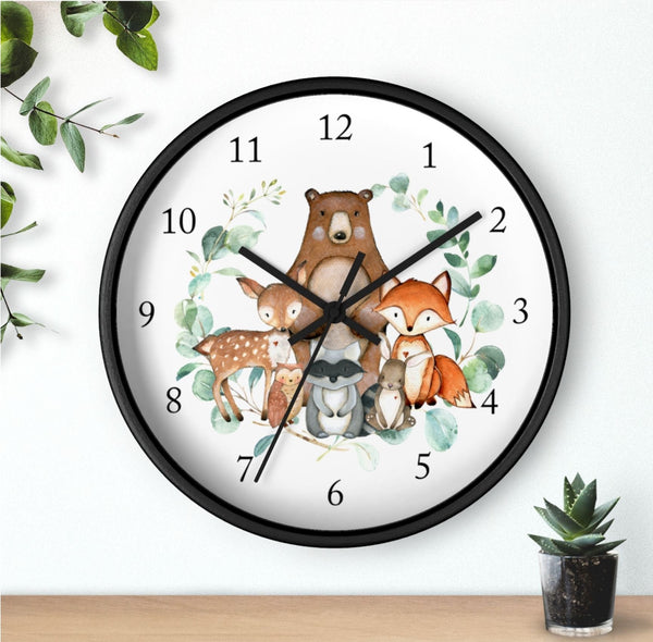Woodland Animals Wall Clock, Eucalyptus Leaves Nursery Baby Boy Girl B ...