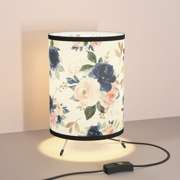 Floral Tripod Table Lamp, Navy Blue Blush Pink Gold Watercolor Flowers ...
